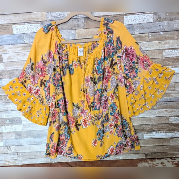 Bila | Tops | Bila Mustard Yellow Floral Top With Ties And Bell Sleeves ...